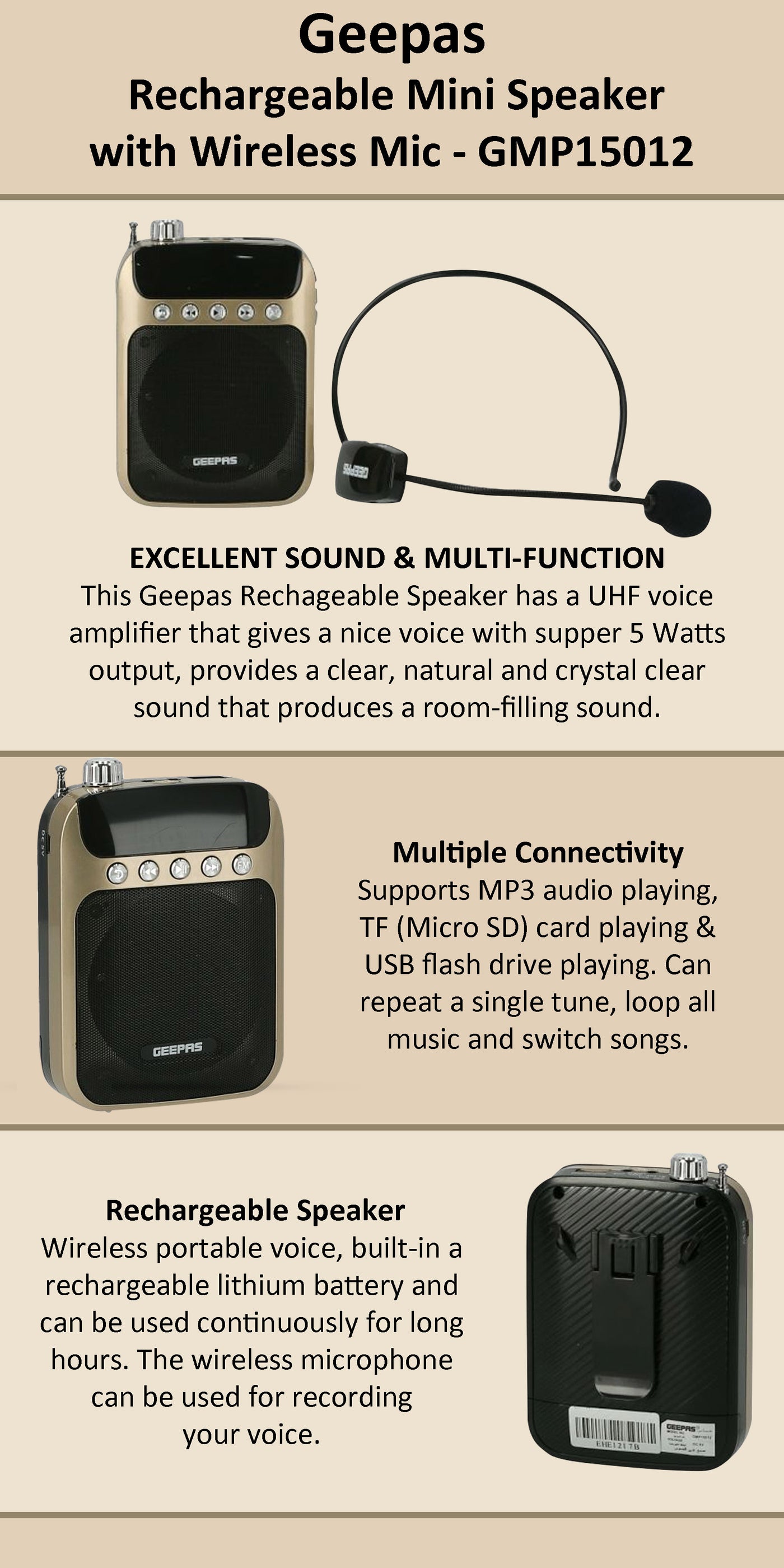 GEEPAS Geepas Rechargeable Mini Speaker with Wireless Mic - GMP15012 ...