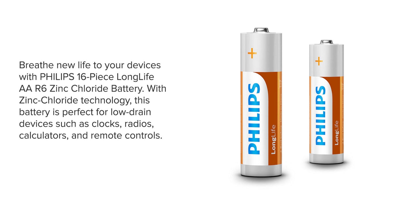 Philips 16-Piece LongLife AA R6 Zinc Chloride Battery White/Brown/Blue ...