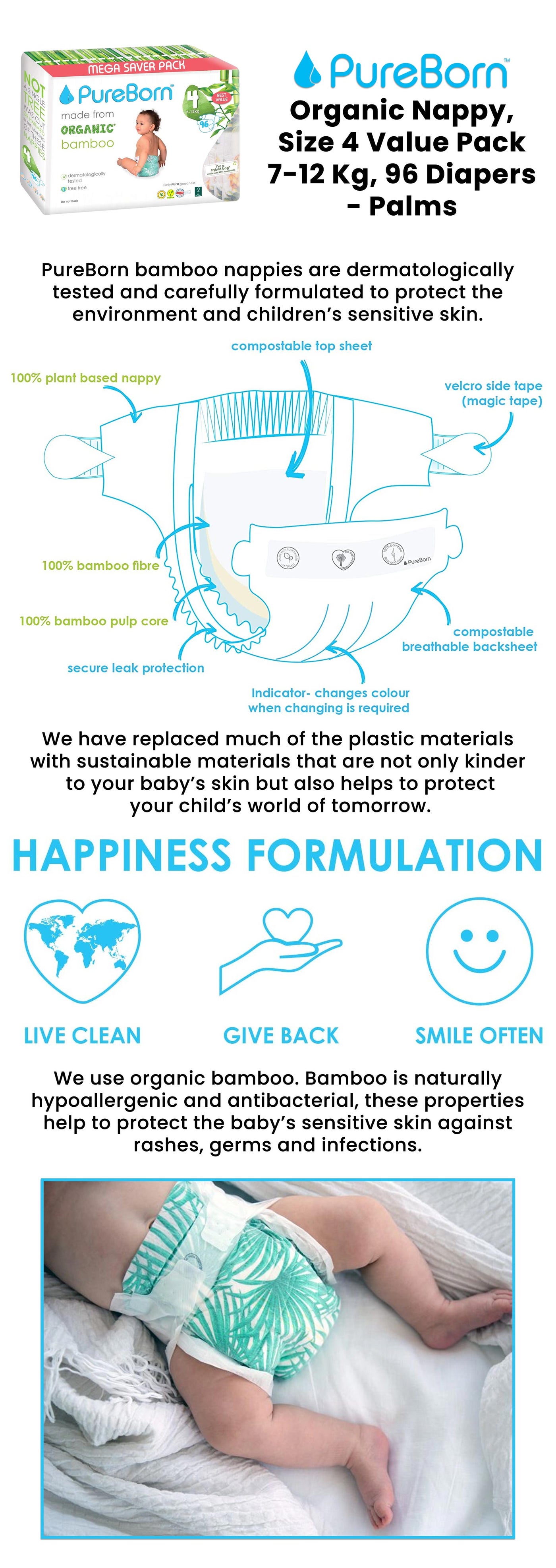 PureBorn Organic Nappy, Size 4 Value Pack 7-12 Kg, 96 Diapers - Palms ...