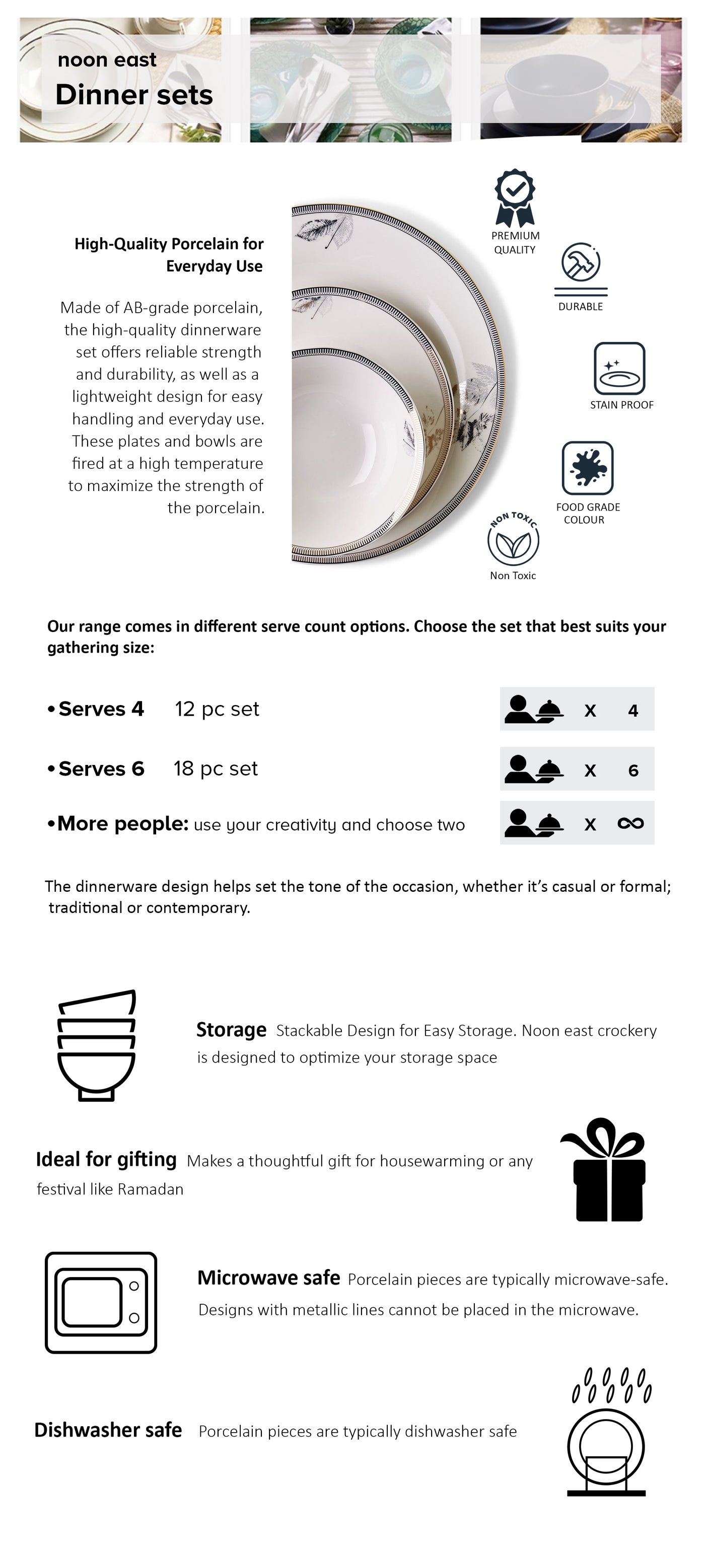 Noon East 12 Piece Porcelain Dinner Set - Dishes, Plates - Dinner Plate ...