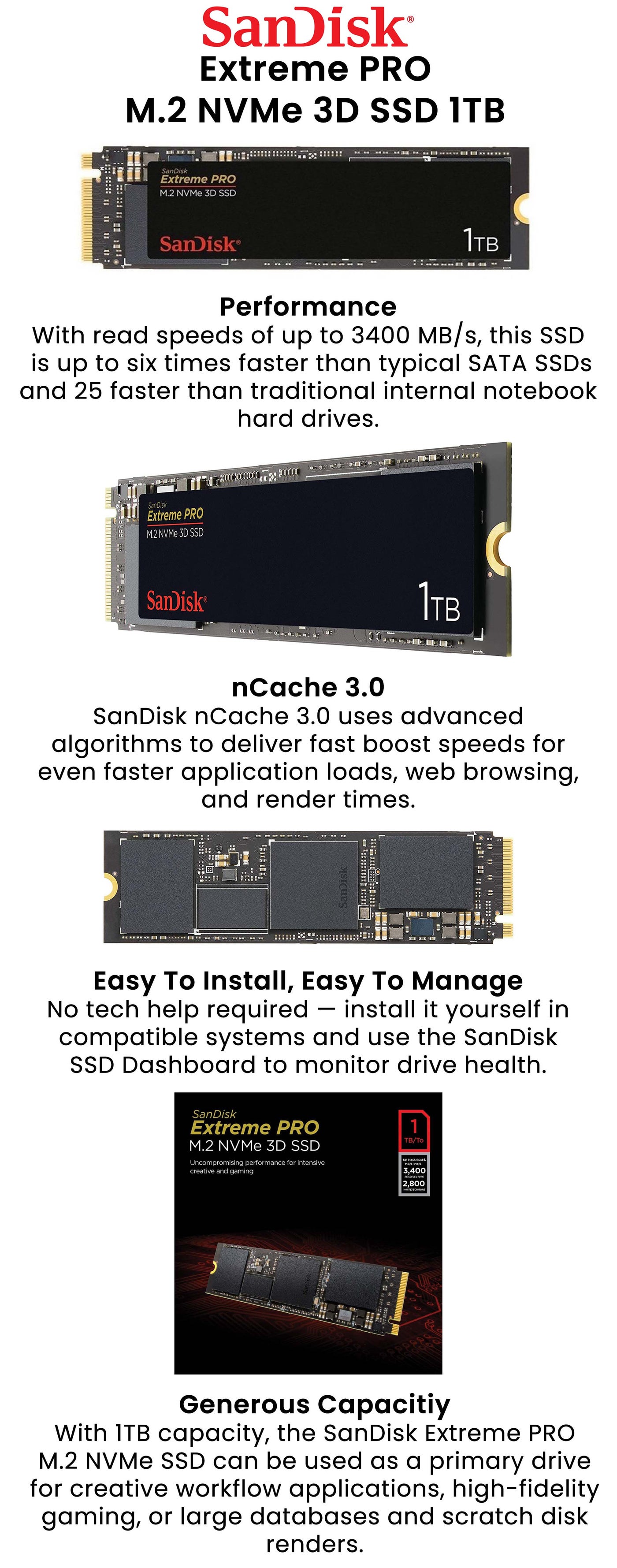 Sandisk Extreme PRO 1TB - M.2 NVMe SSD (PCIe Gen 3.0), Up to 3,400MB/s ...