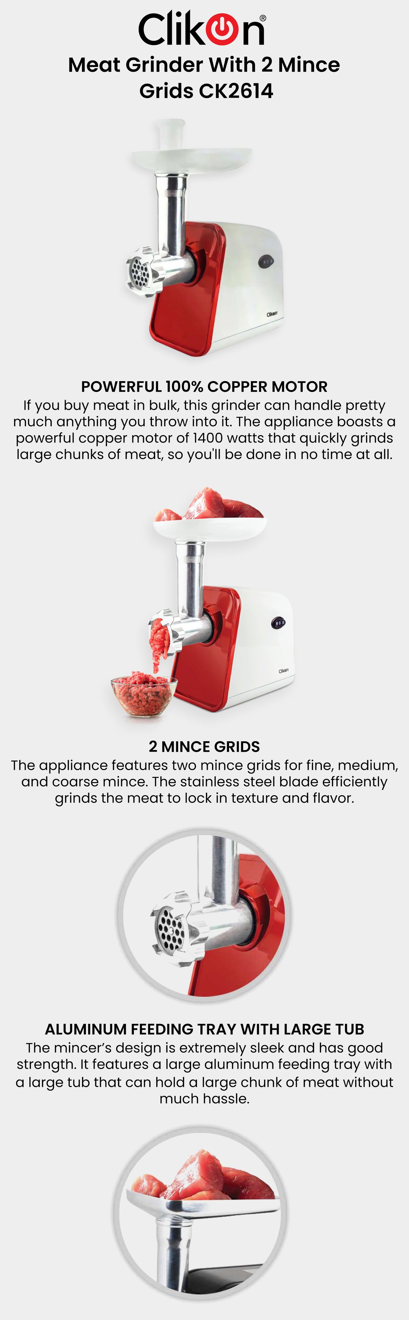 Clikon Meat Grinder With 2 Mince Grids 500.0 W CK2614 White/Red/Silver ...
