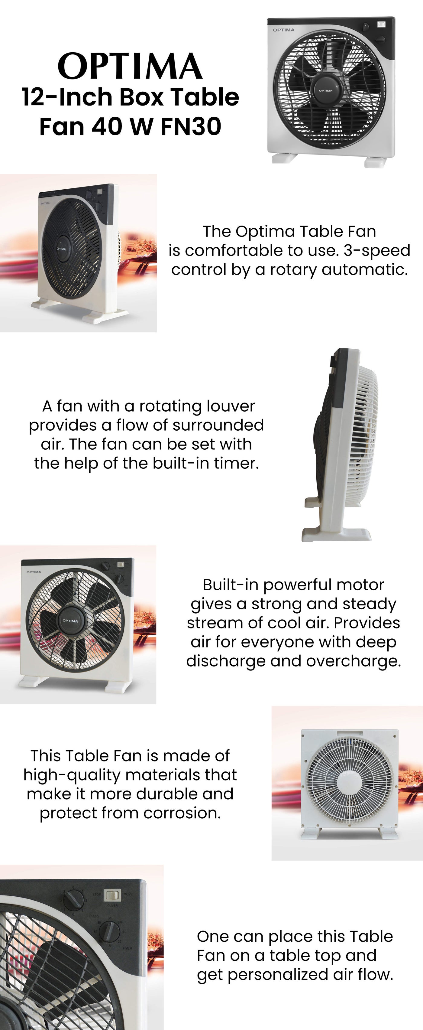 OPTIMA 12-Inch Box Table Fan FN30 White/Black KSA | Riyadh, Jeddah