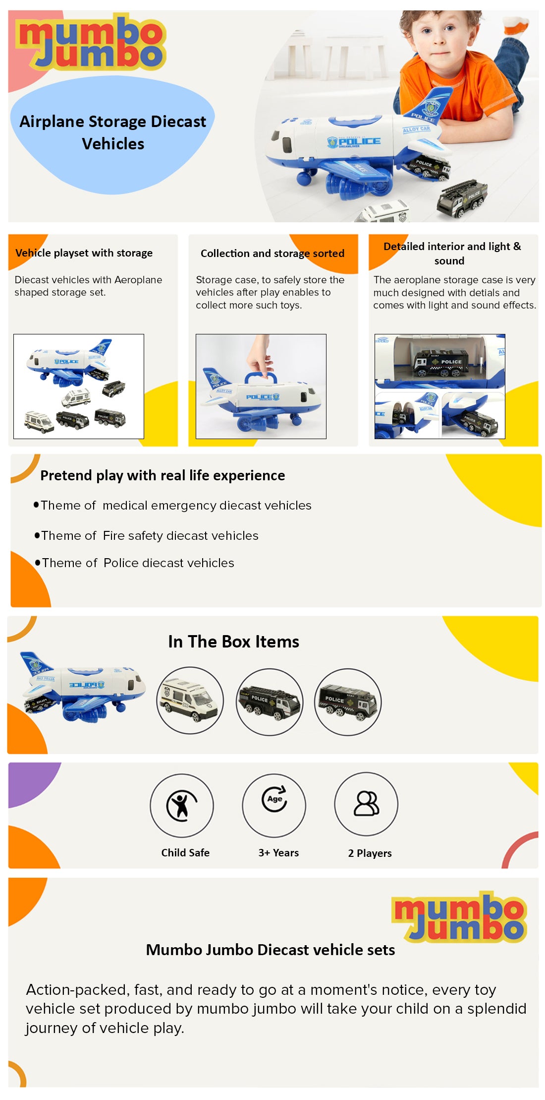mumbo Jumbo 3-Piece Airplane With Three Police Storage Die Cast Vehicle ...