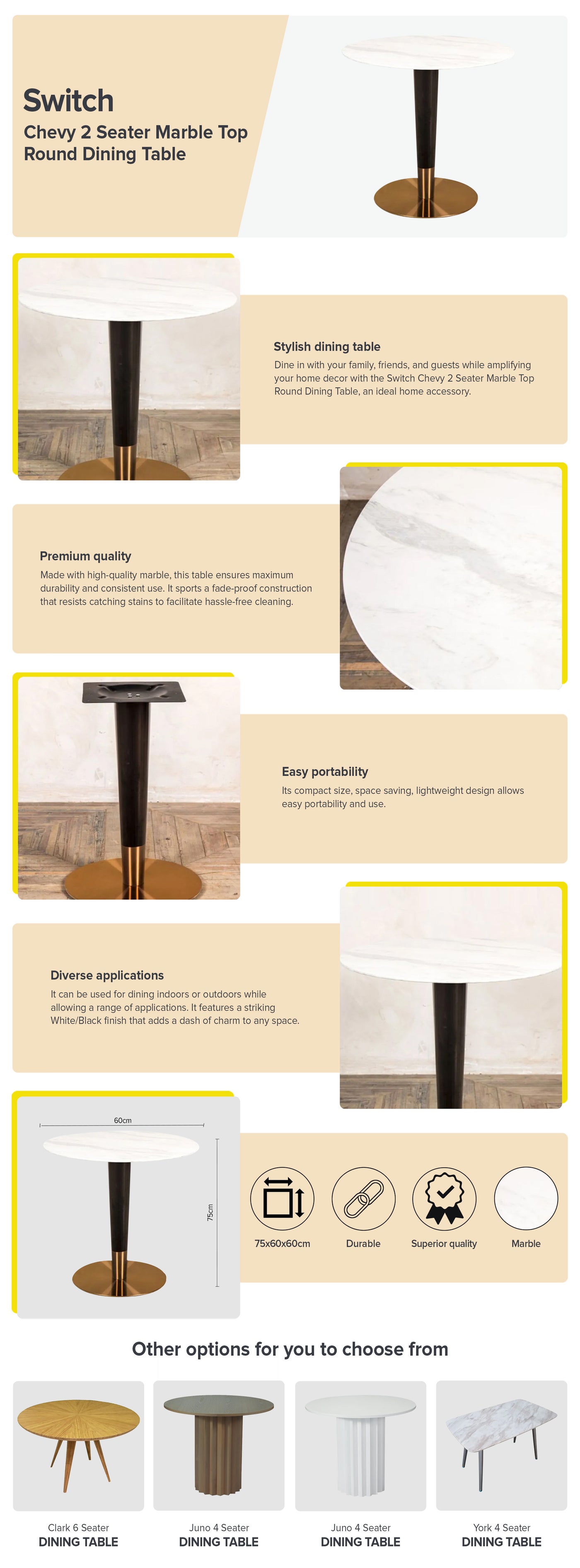 Switch Dining Table - 2 Seater - White/Black Modern Home Marble 60 X 60 ...