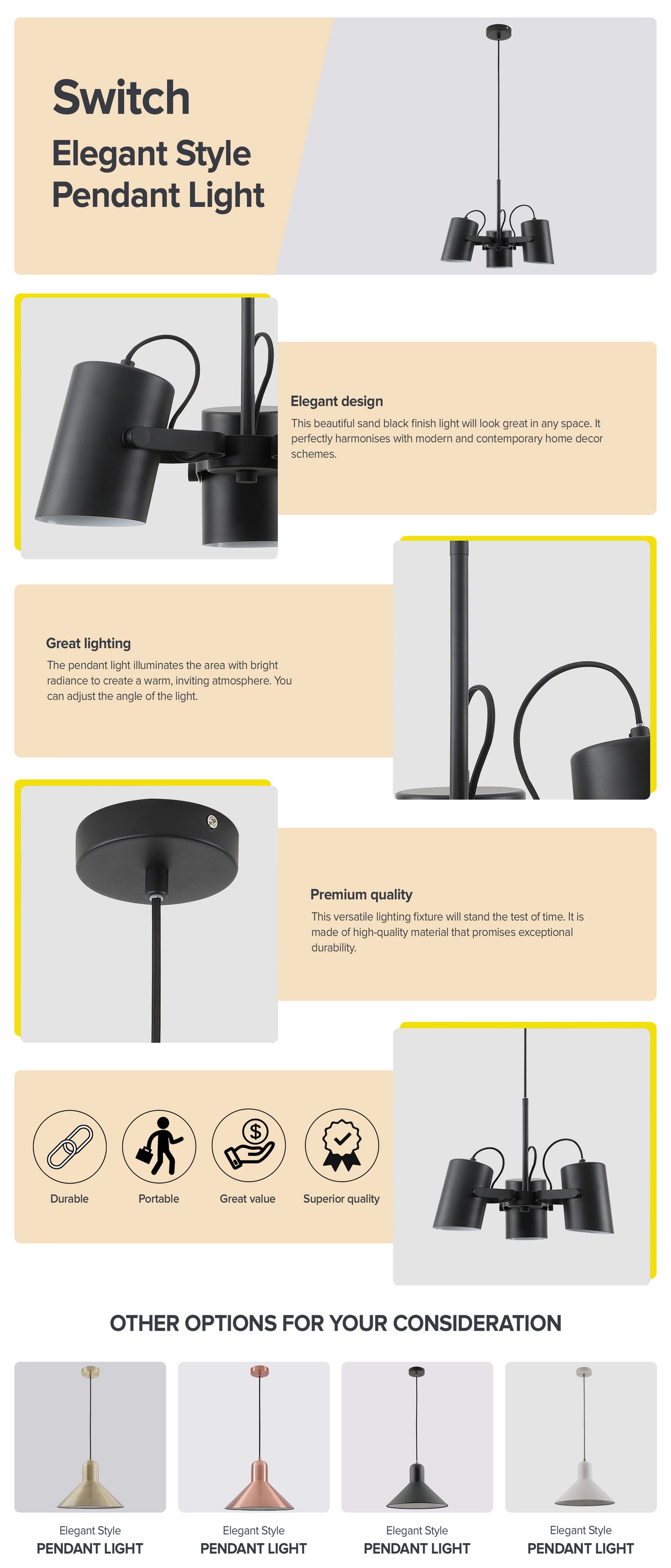 Switch Elegant Style Pendant Light Unique Luxury Quality Material for ...