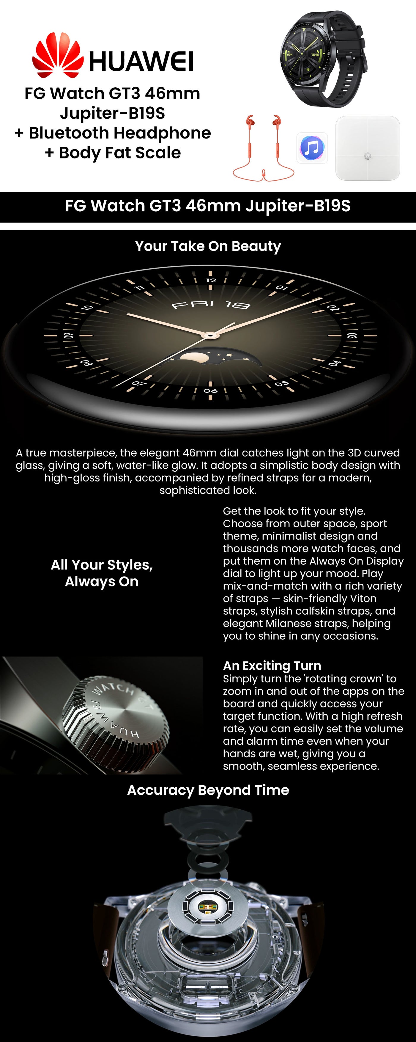 HUAWEI FG Watch GT3 46MM Jupiter-B19V +FOC Huawei Bluetooth Headphone ...