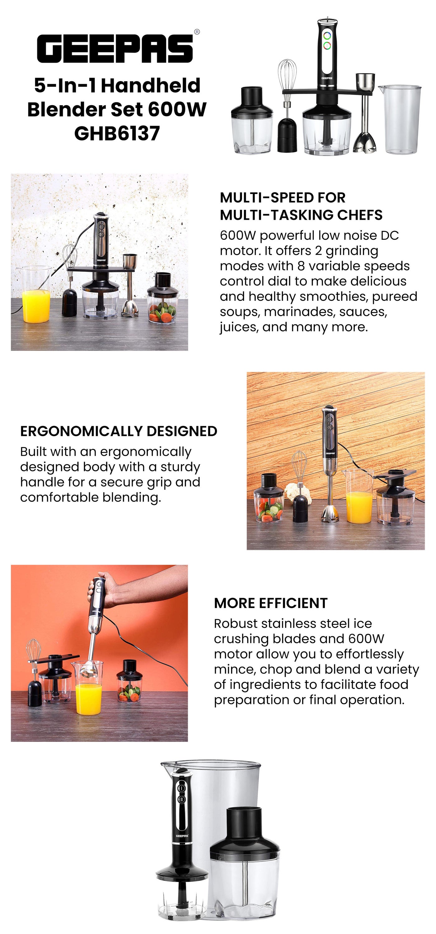 GEEPAS 5-In-1 Handheld Blender Set 600 W GHB6137 Black/Clear KSA ...