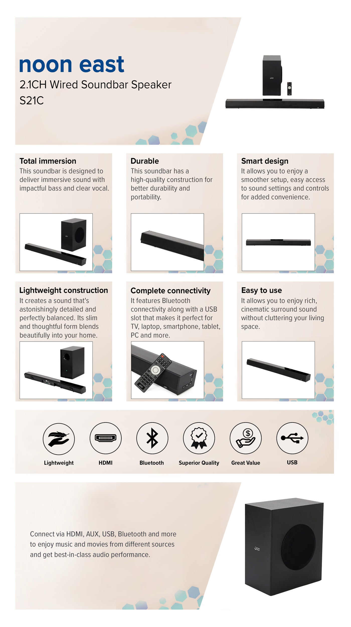 Noon East 2.1 CH Soundbar Speaker - With 100 W Output, Powerful Bass ...