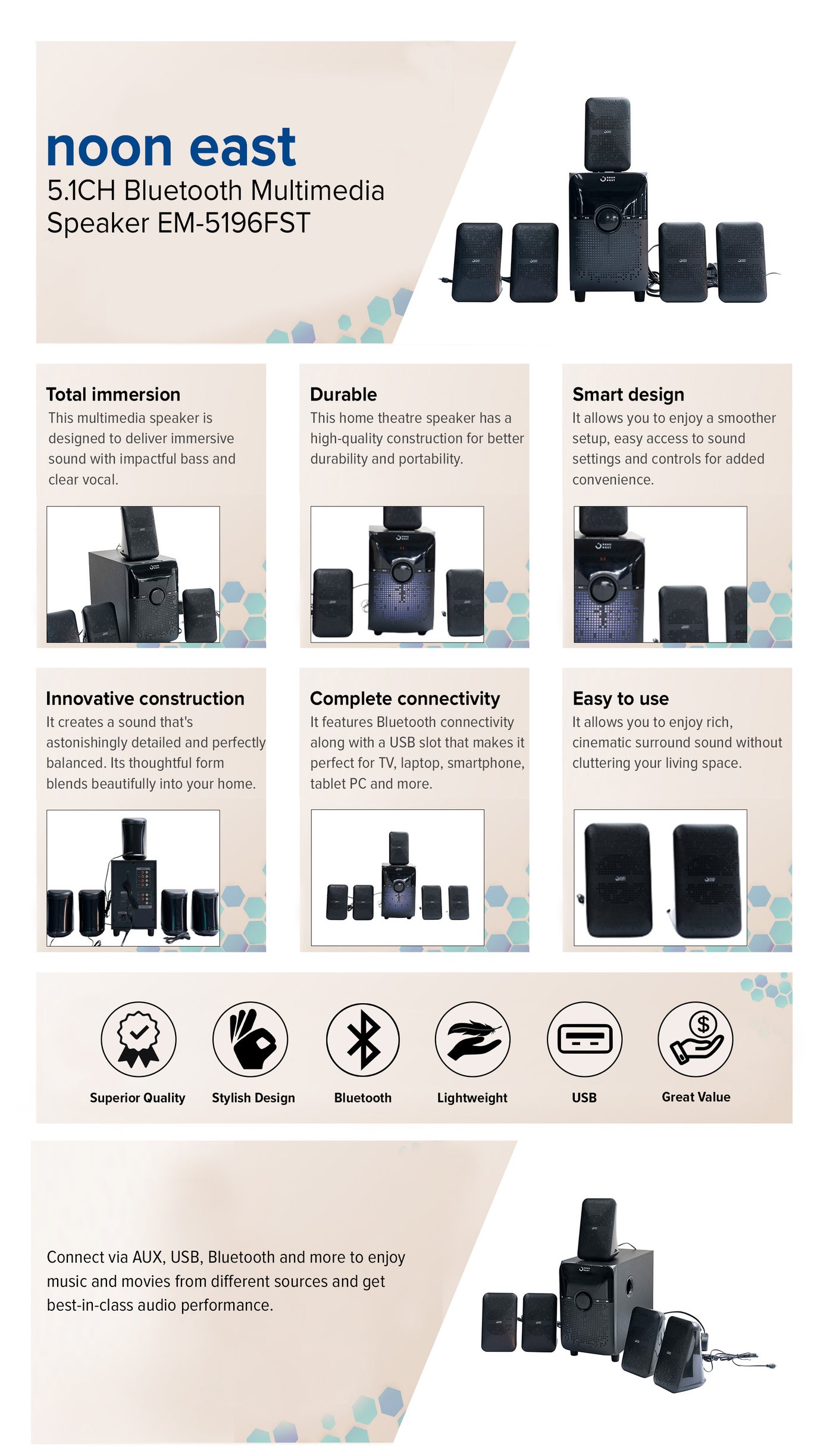 Noon East 5.1CH Bluetooth Multimedia Wireless Speaker - With 45W Output ...