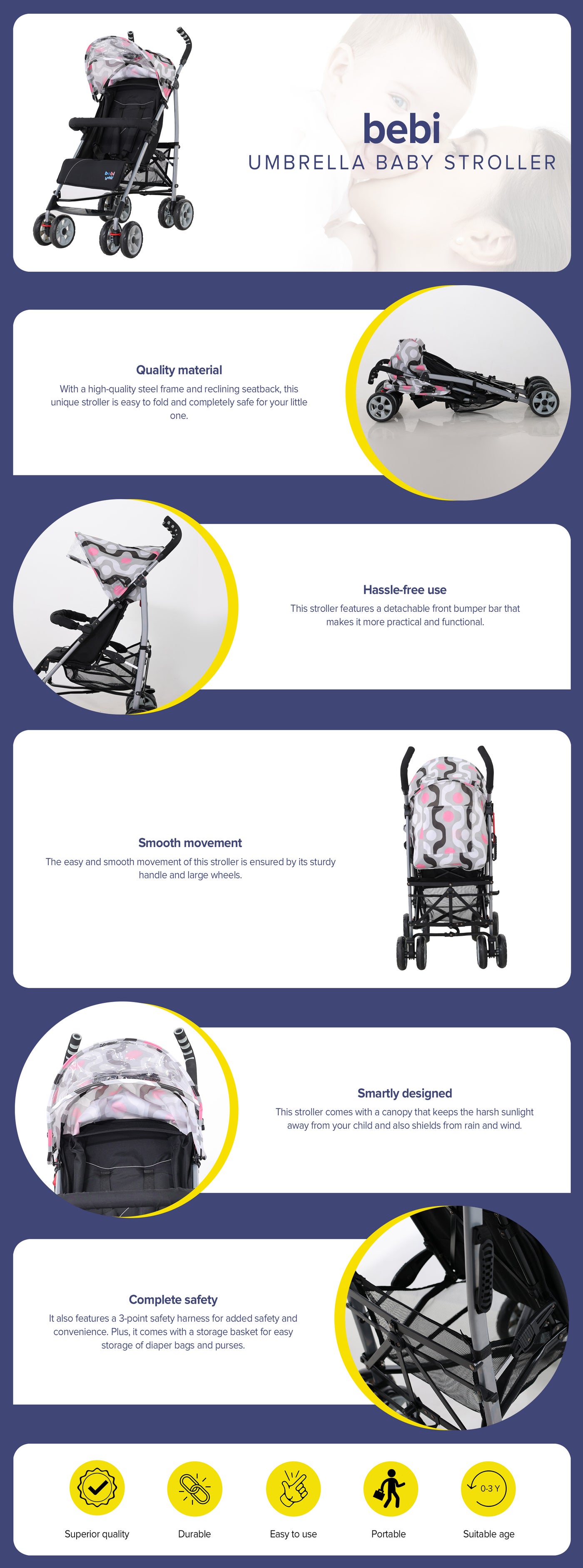 Bebi Foldable Compact Umbrella Reclining Seatback Stroller With Canopy ...