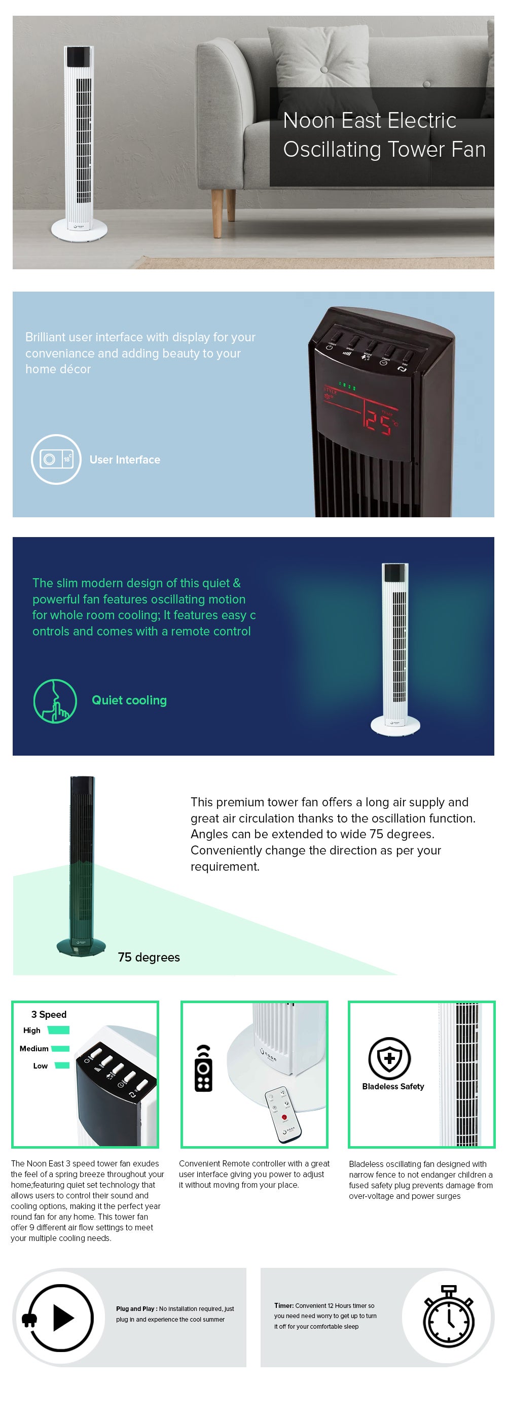 Noon East Digital Electric Stand Tower Fan With Display With Remote ...