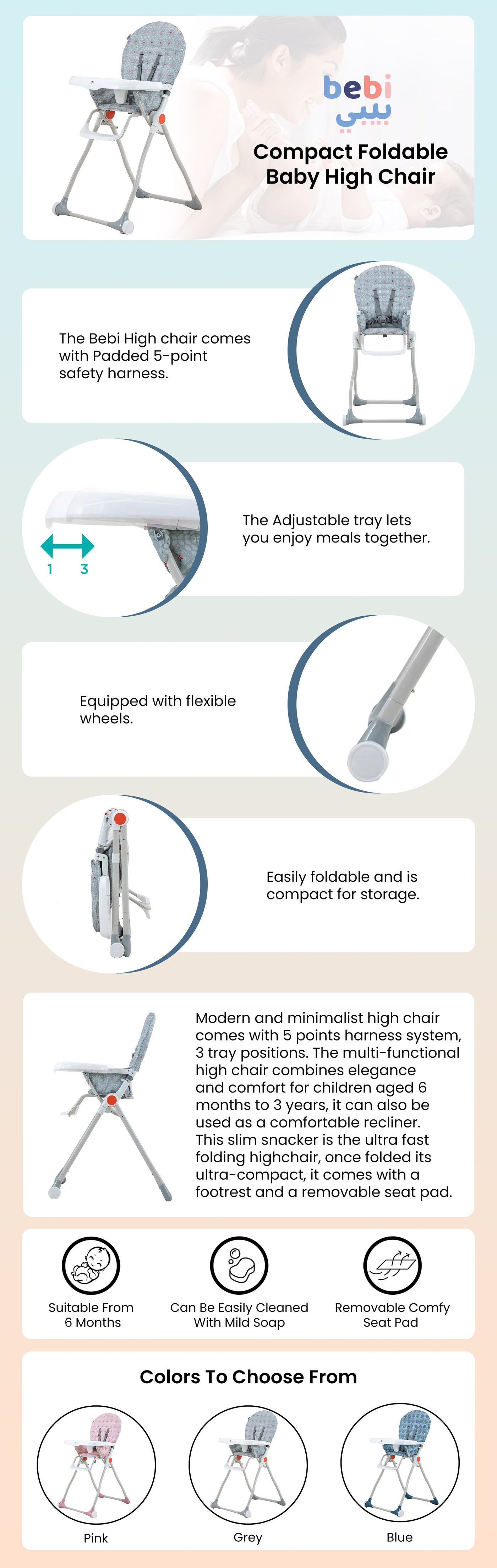 Bebi Foldable Baby Feeding High Chair Lightweight And Foldable With Multiple Recline Modes ...