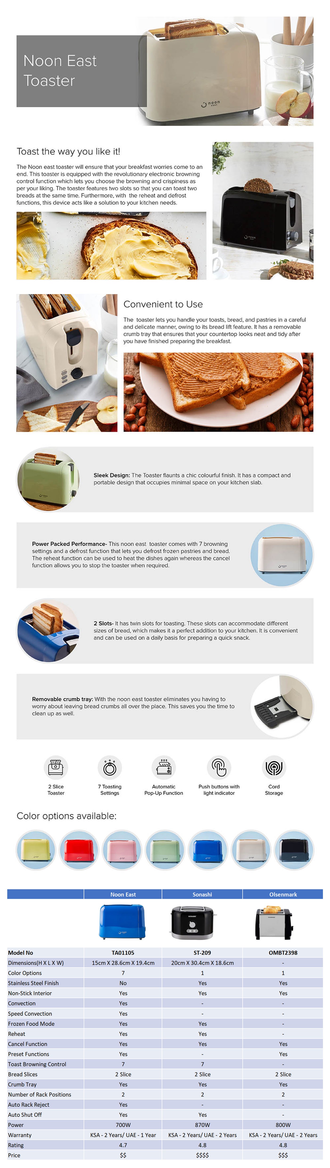 Noon East Bread Toaster - For 2 Slice- 700 W With Defrost Function ...