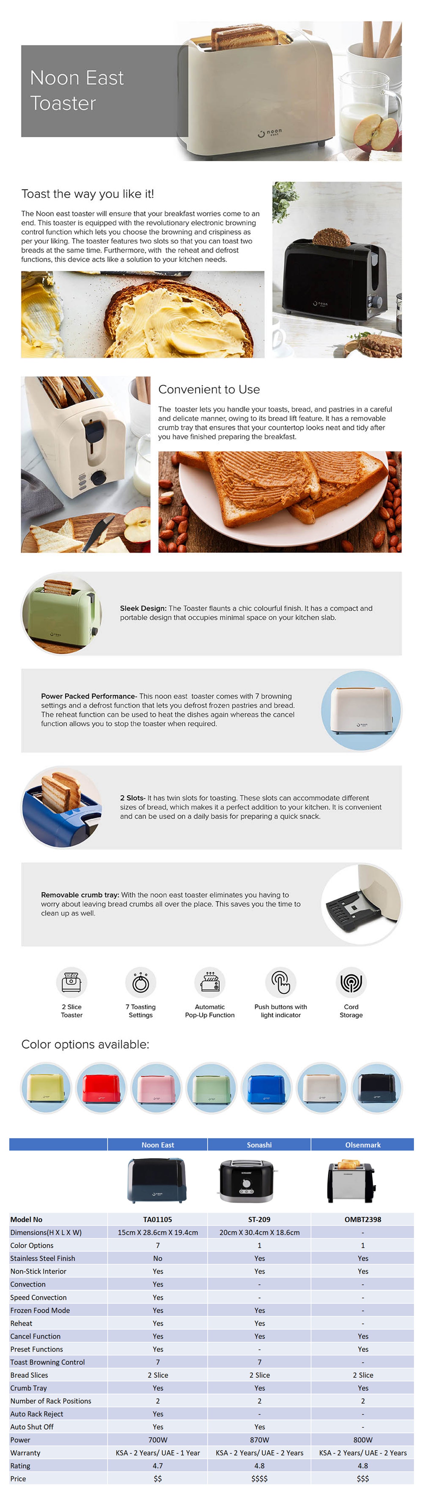 Noon East Bread Toaster - For 2 Slice- 700 W With Defrost Function ...