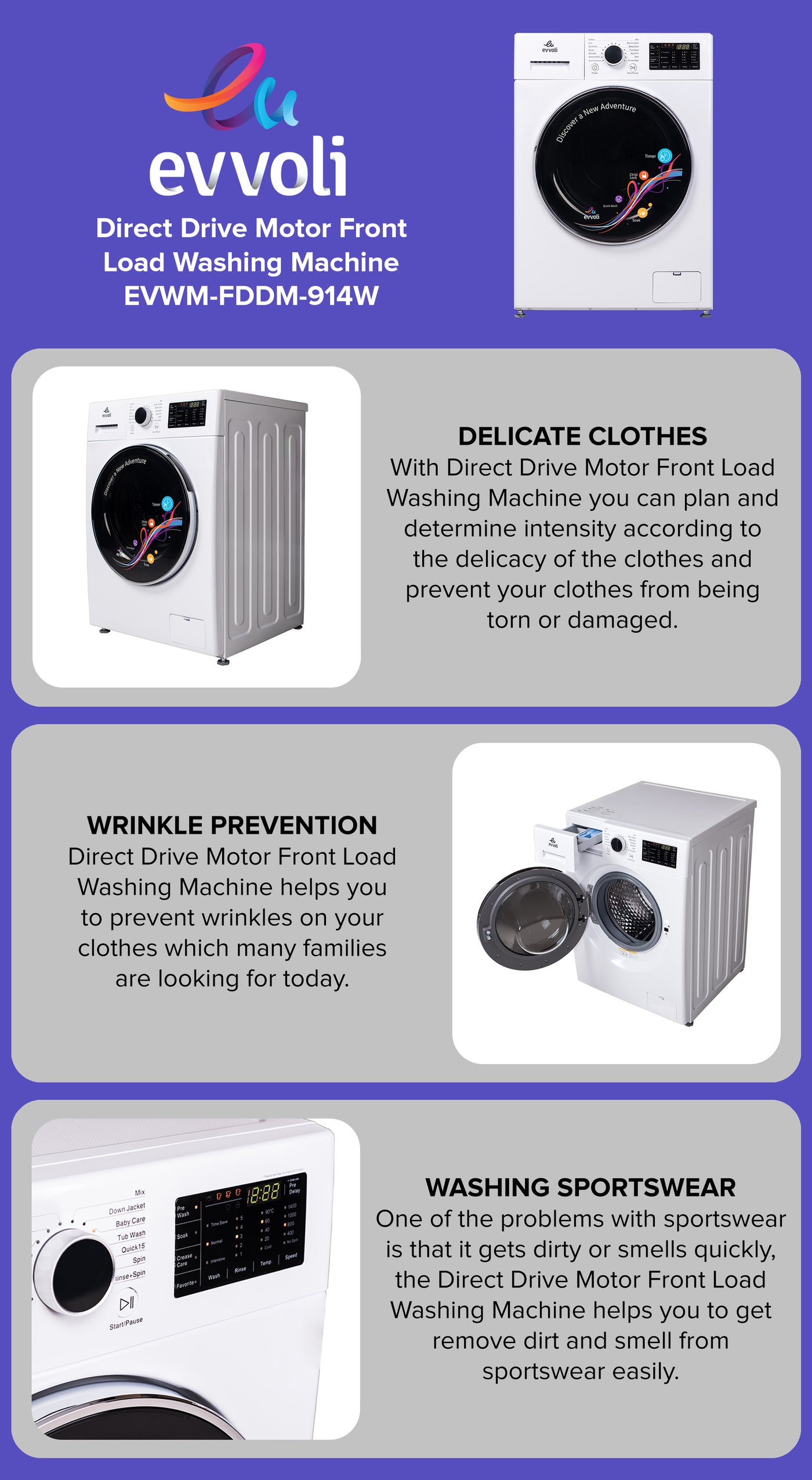 evvoli 9 KG 1400 RPM Direct Drive Motor Front Load Washing Machine 58.0 ...