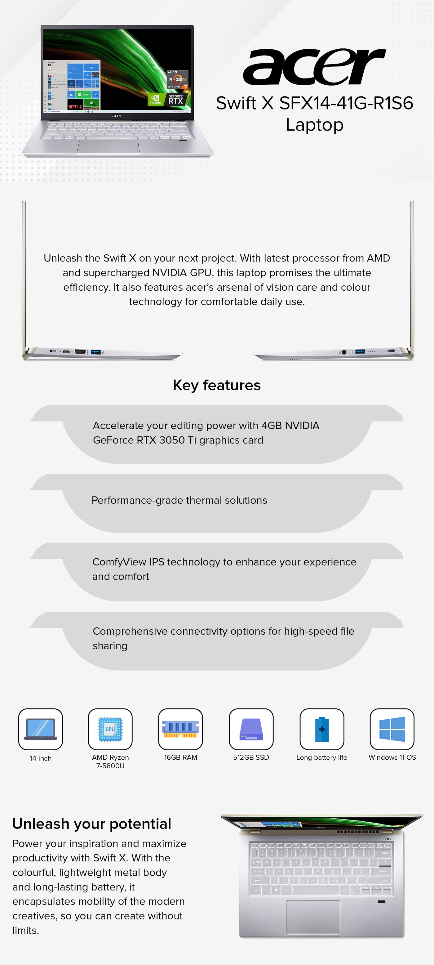Acer Swift X SFX14-41G-R1S6 Laptop 14 Inch Full HD Display Amd Ryzen 7-5800U 16GB Ram 512GB SSD ...