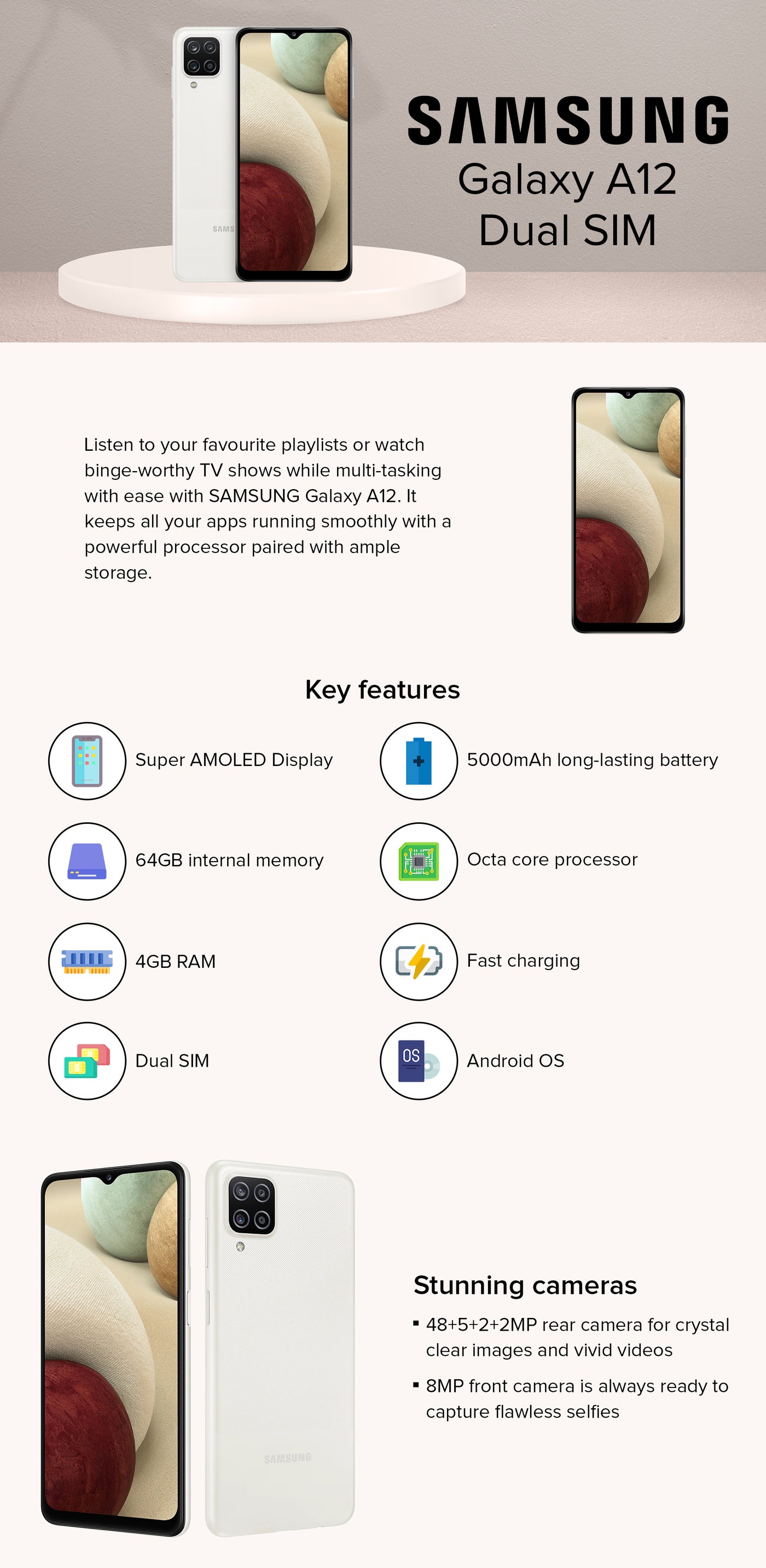 Samsung Galaxy A12 Dual SIM White 4GB RAM 64GB 4G LTE - International ...