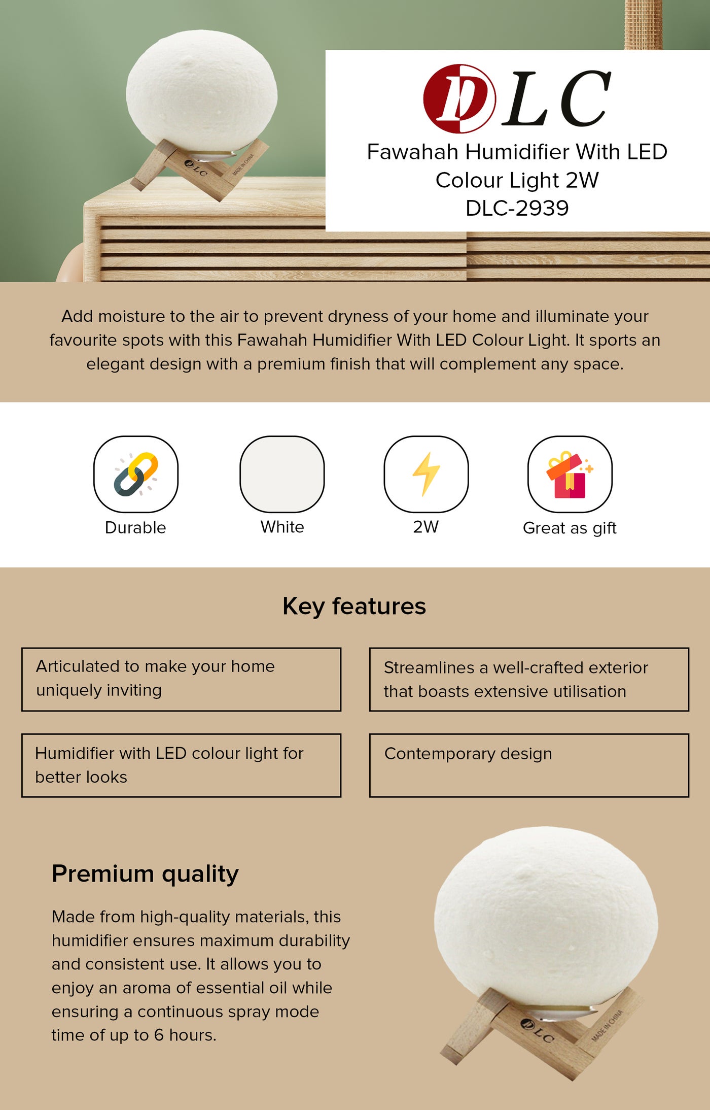 تسوق دي إل سي وفواحة بمصباح LED ملون بقدرة 2 وات DLC-2939 أبيض أونلاين ...