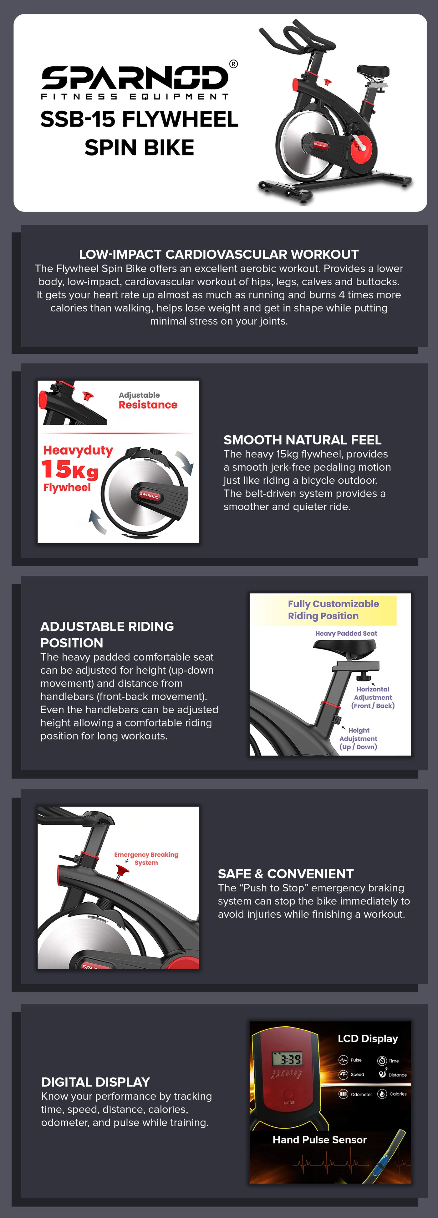 Sparnod Fitness SSB-15 Spin Bike Exercise Cycle for Home Gym - with 15kg Spinning Flywheel ...