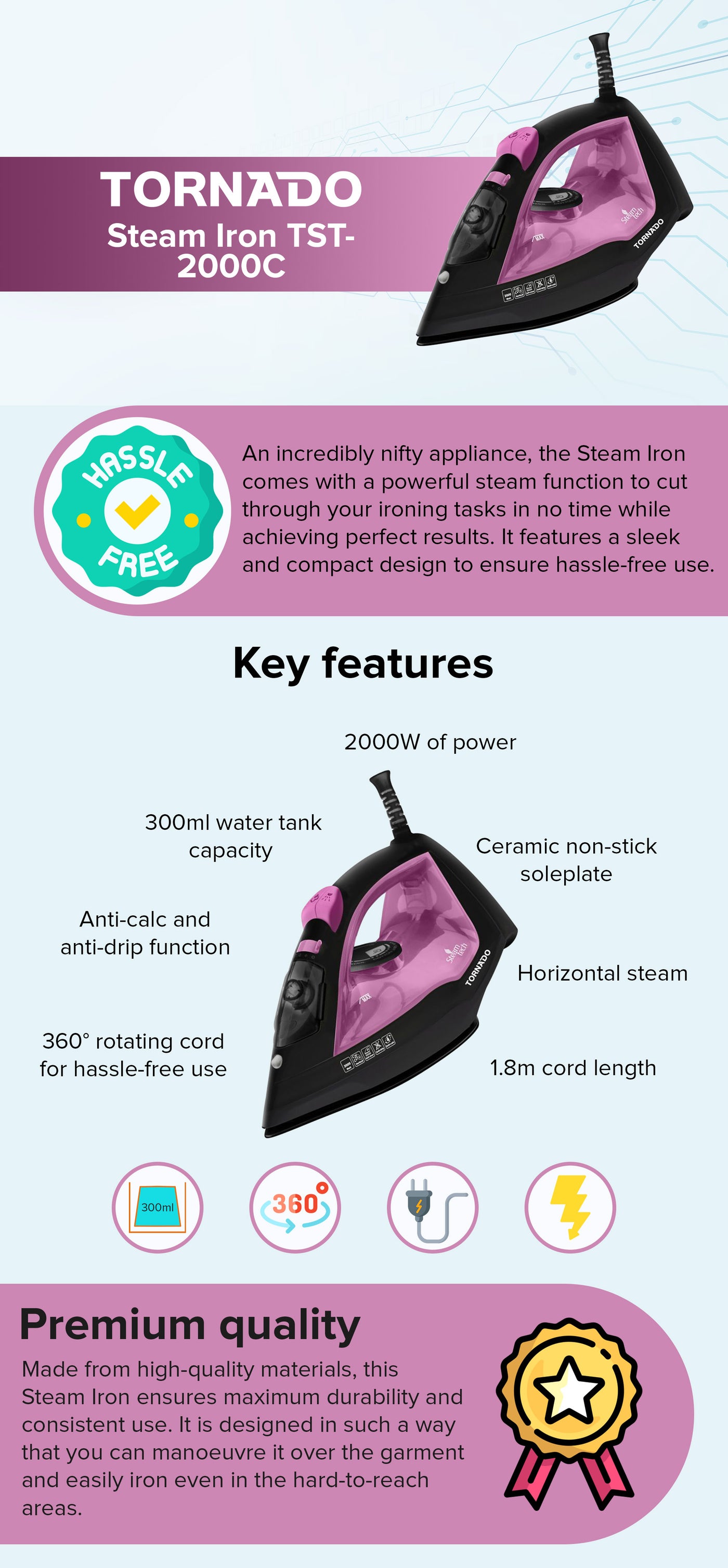 TORNADO Steam Iron 2000 Watt With Ceramic Non-Stick Soleplate TST-2000C ...