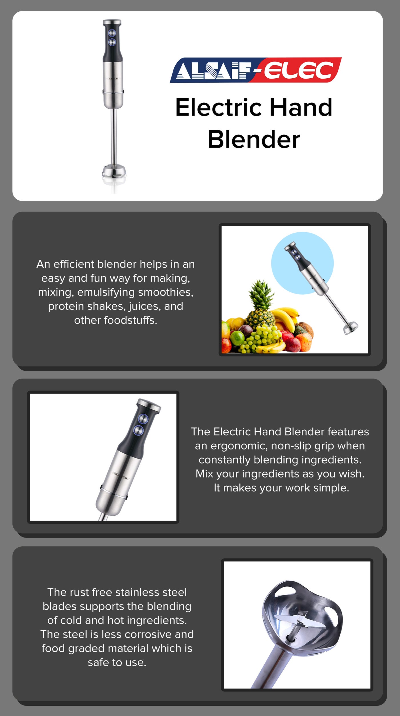 ALSAIF-ELEC Electric Hand Blender 600.0 W E02414/B/S Silver/Black KSA | Riyadh, Jeddah