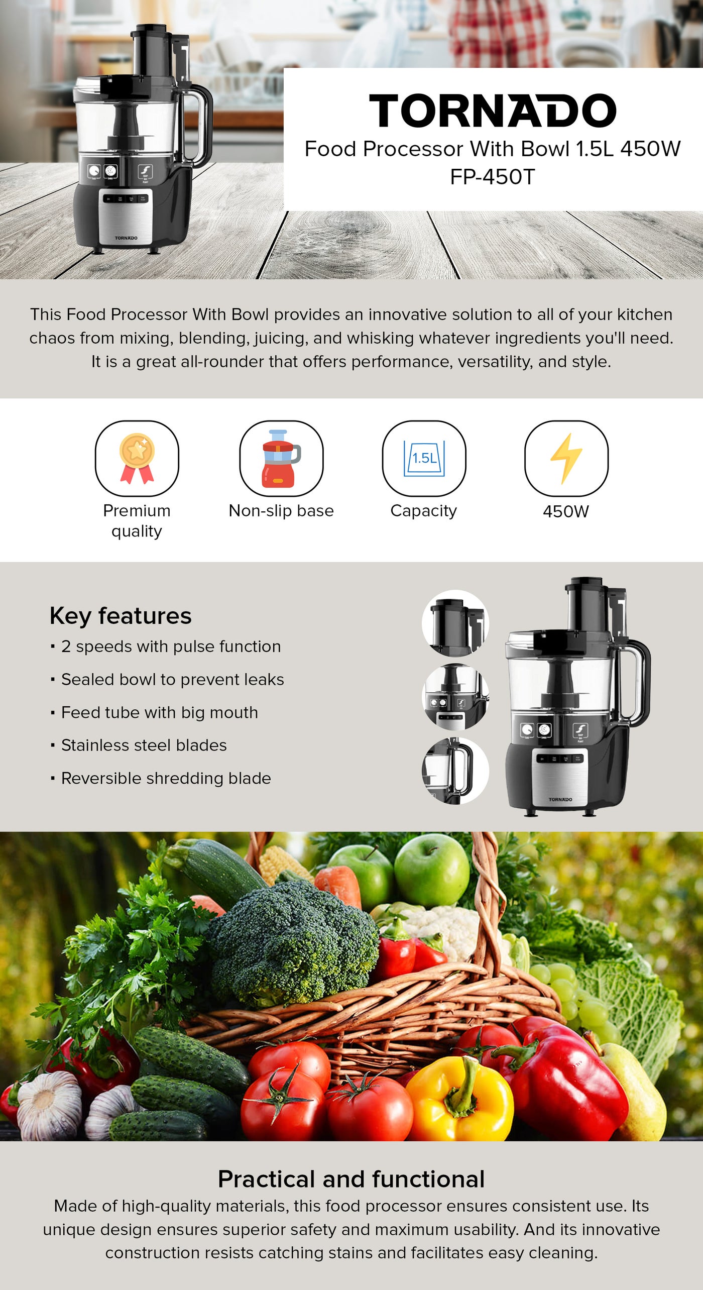 TORNADO Food Processor Bowl 1.5 L 450 W FP-450T Black Egypt | Cairo, Giza