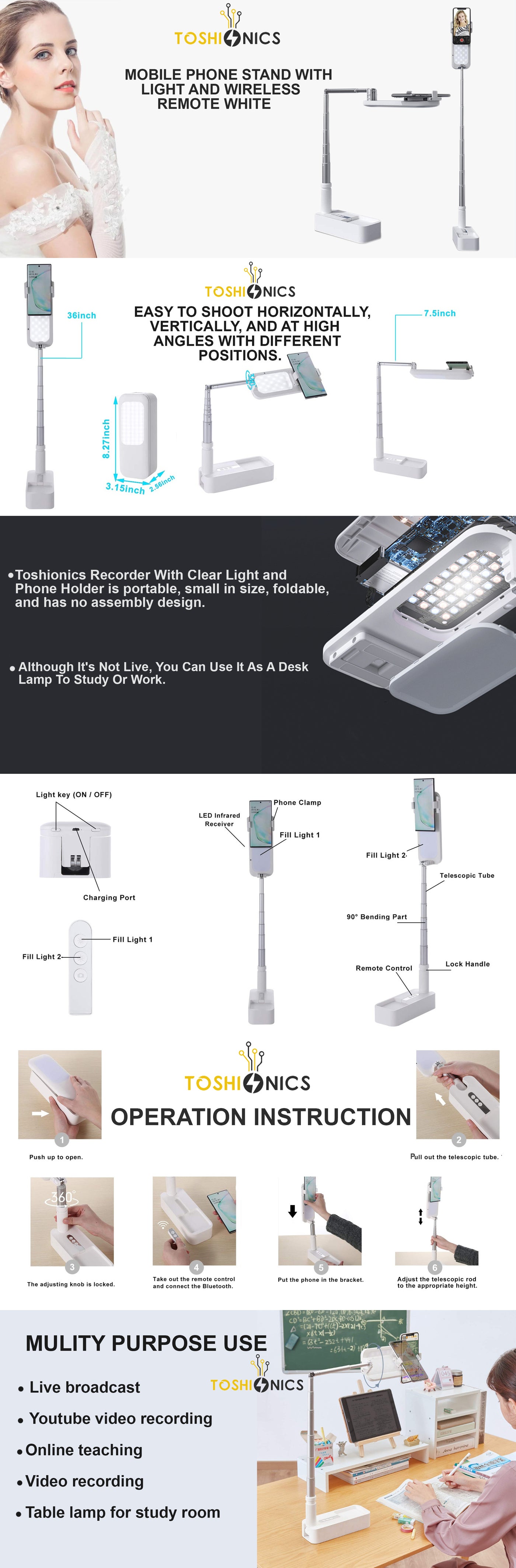 Toshionics Rechargeable Portable Live Streaming Height Adustable Mobile ...