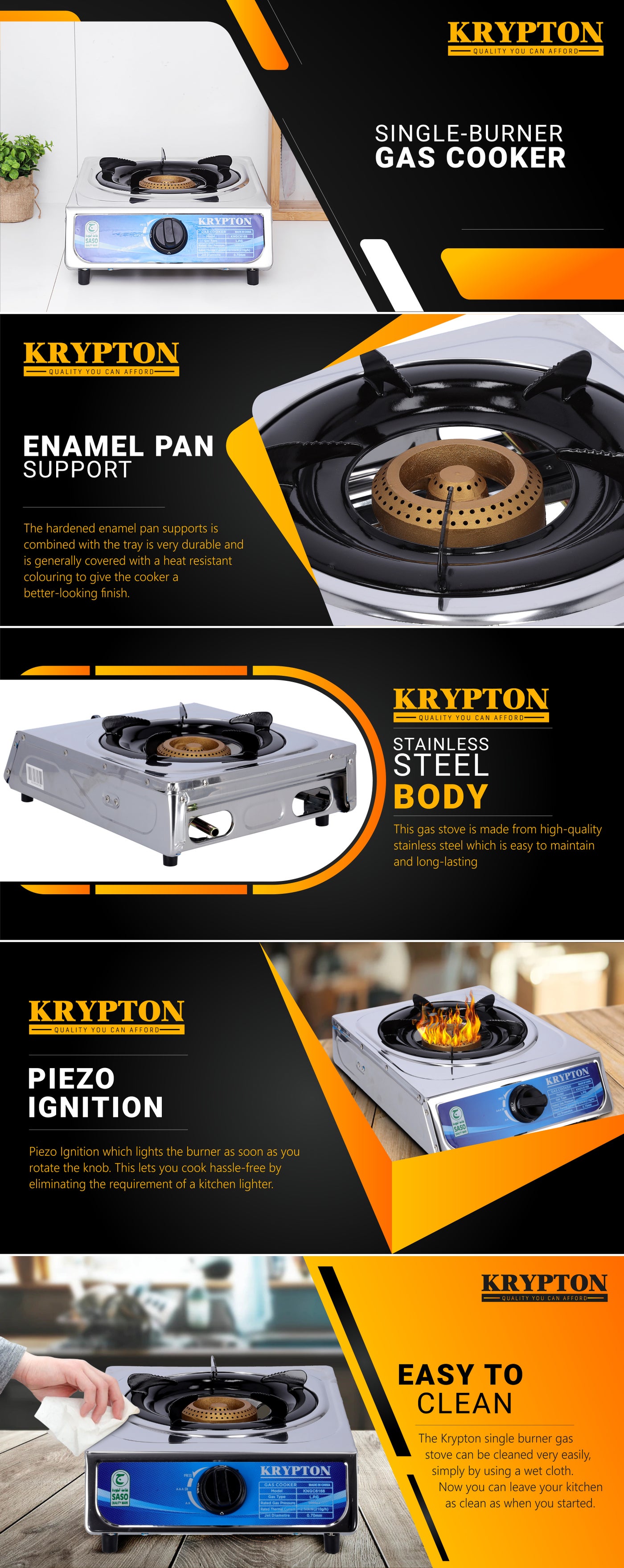 KRYPTON Single Burner Gas Stove Cooktop With Stainless Steel Body KNGC6168 Silver KSA | Riyadh ...