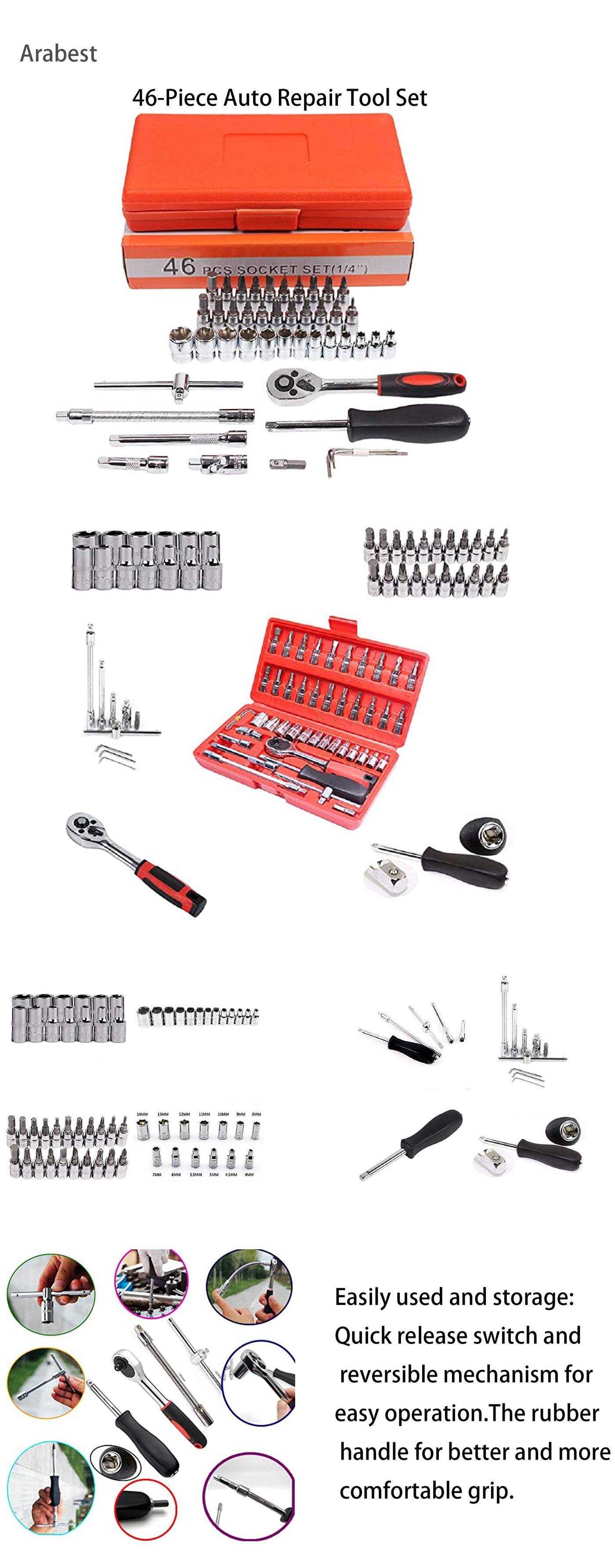 Arabest Auto Repair Tool Kit, 46 Pieces Hardware Tool Kit Socket Combo ...