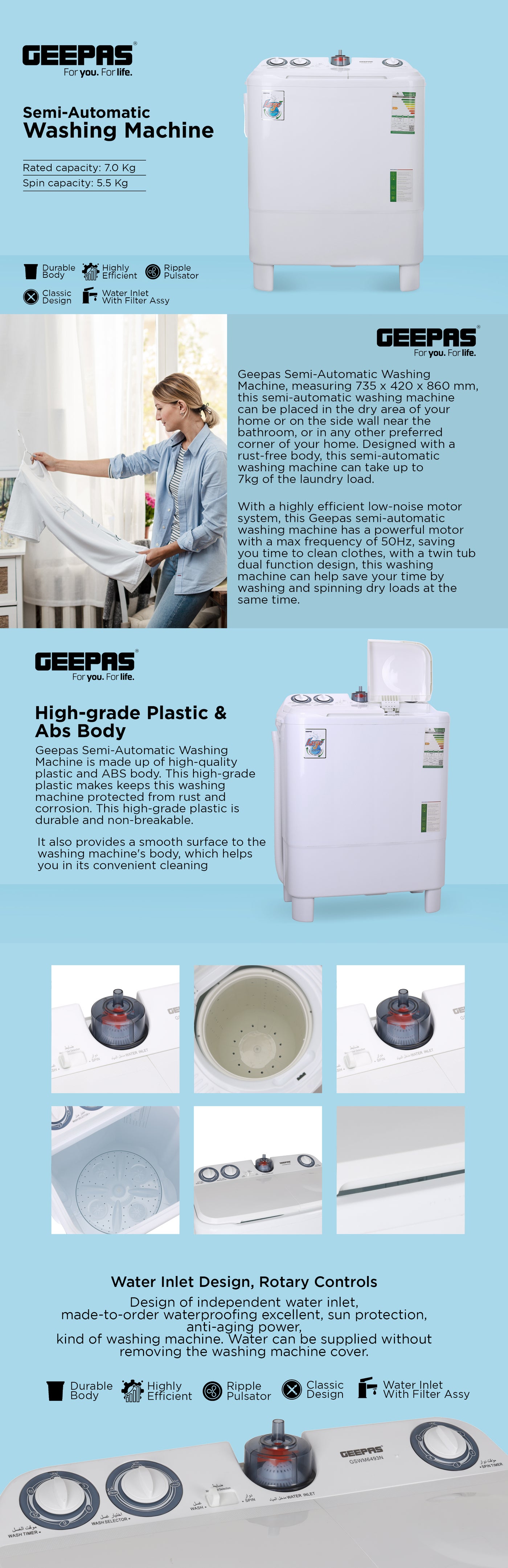 GEEPAS Semi-Automatic Washing Machine 7.0 kg 670.0 W GSWM6493 White KSA ...