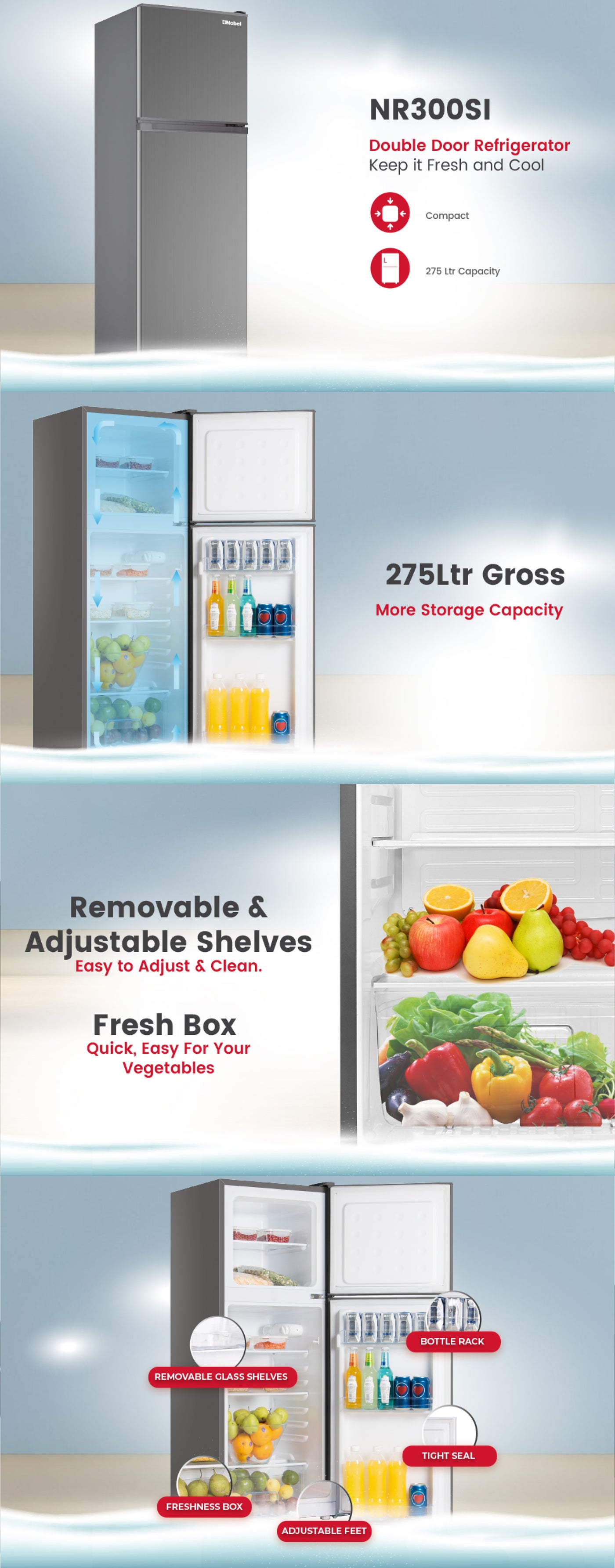 Nobel 300 L Gross / 213 L Net, Double Door Refrigerator, Defrost, R600a ...