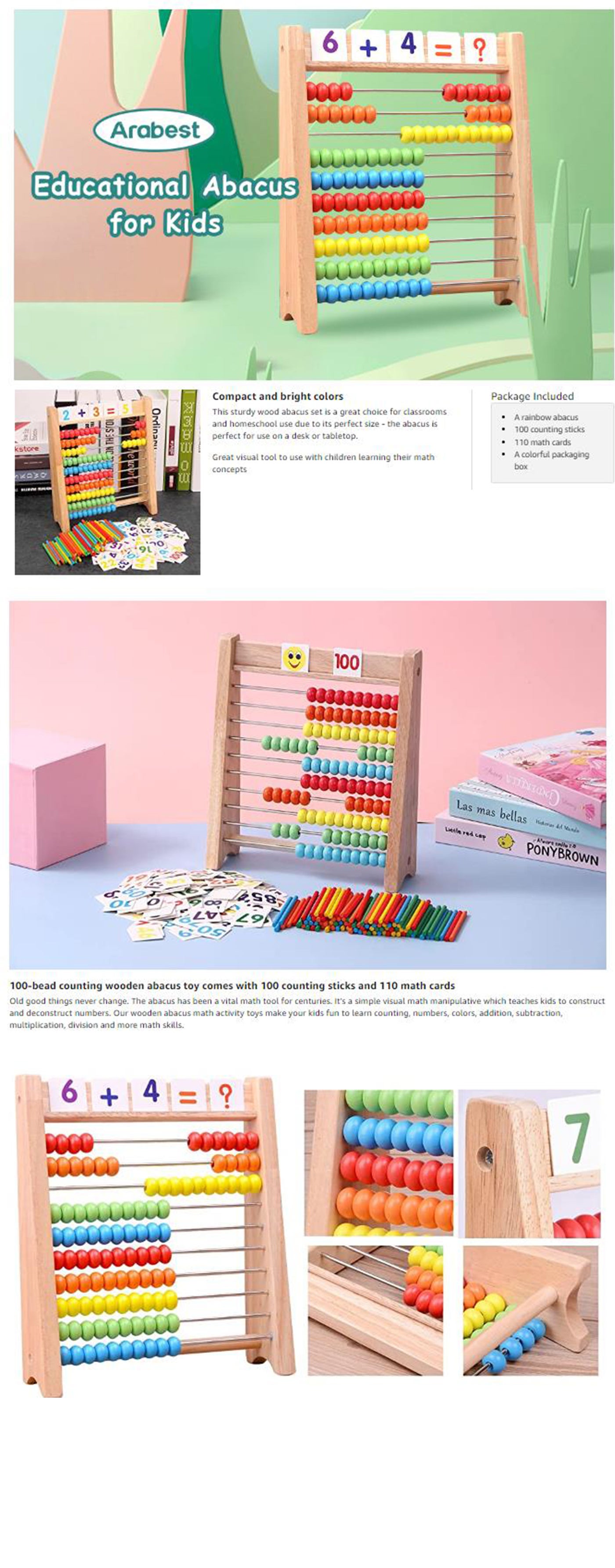 Arabest Wooden Abacus for Kids, Math Beads with 100 Counting Sticks and ...